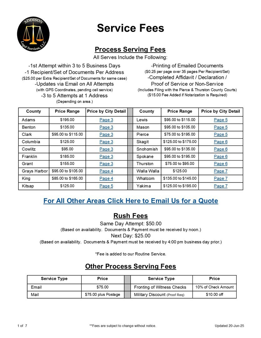 ADDISON LEGAL SERVICES - Service Fees