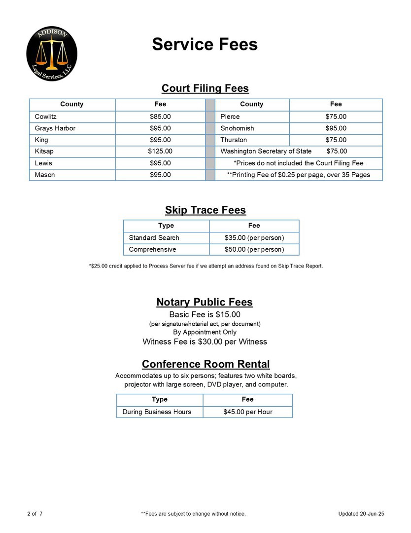 ADDISON LEGAL SERVICES - Service Fees